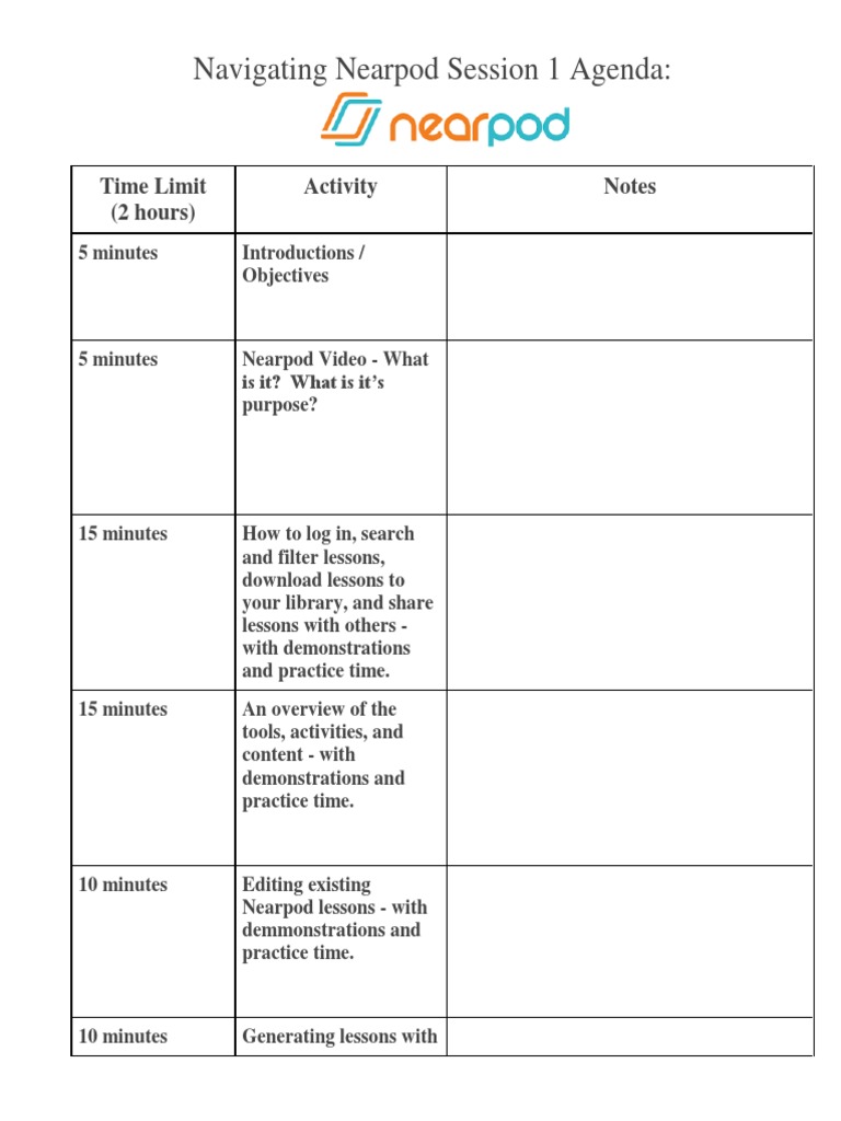 Navigating Nearpod Session 1 Agenda:: Time Limit (2 Hours) Activity ...