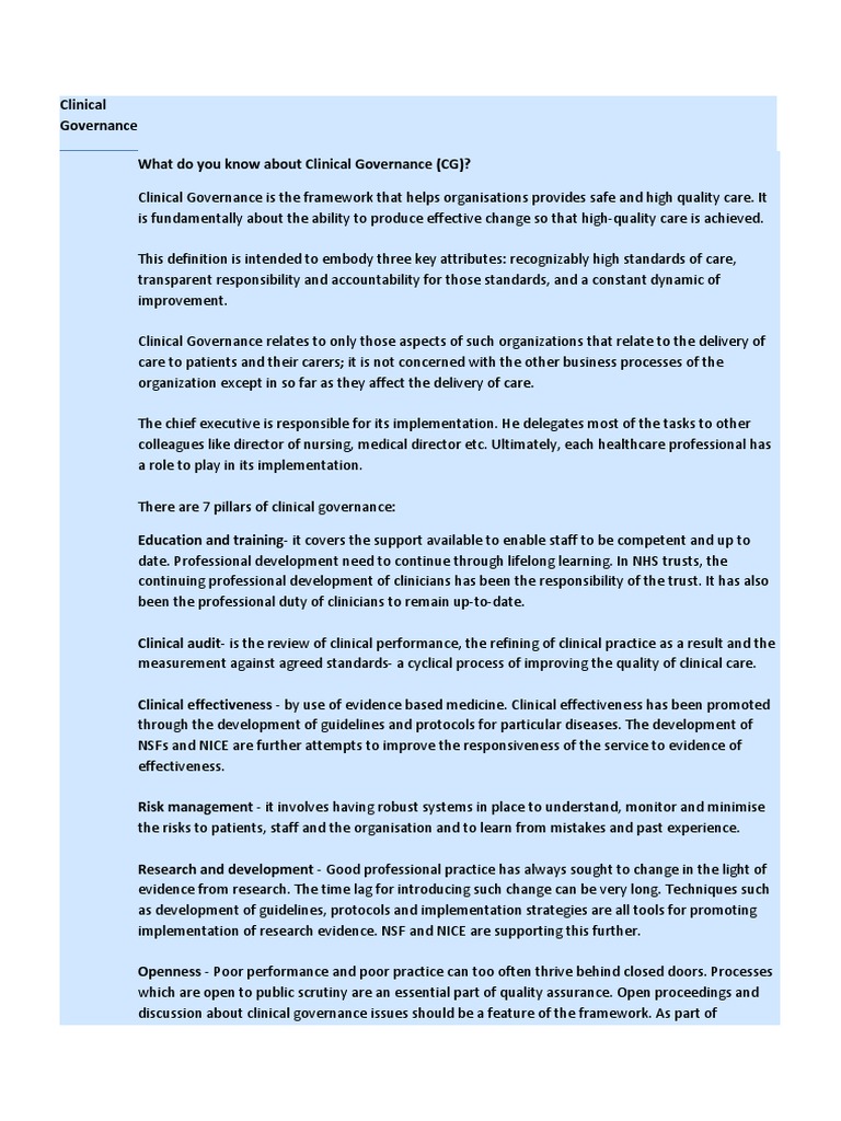 Understanding the 7 Pillars of Clinical Governance | PDF | Informed ...