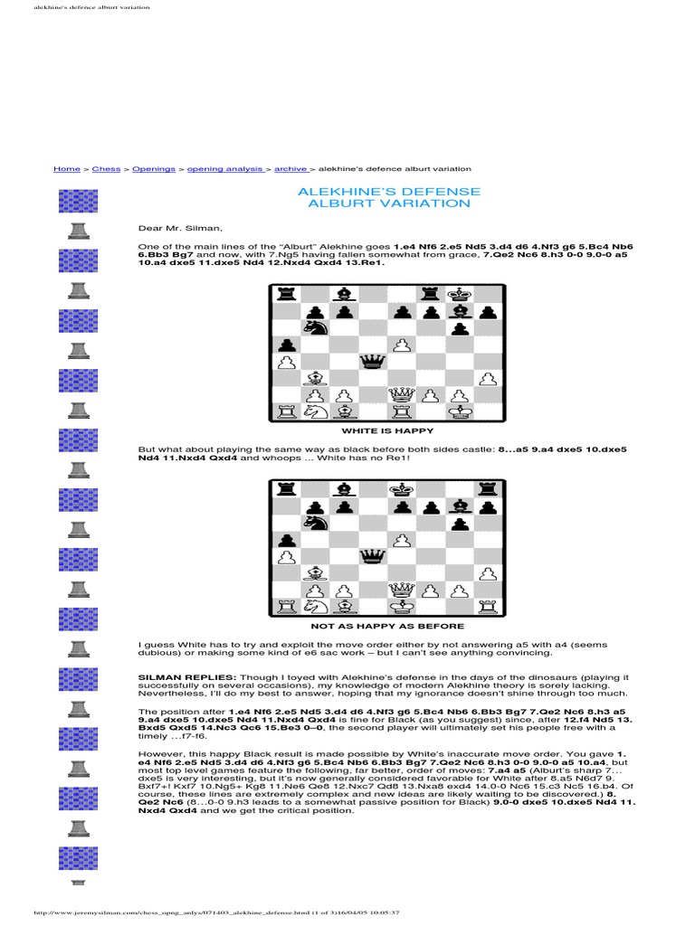 Alekhine's Defense, Alburt Variation | PDF | Chess | Chess Theory