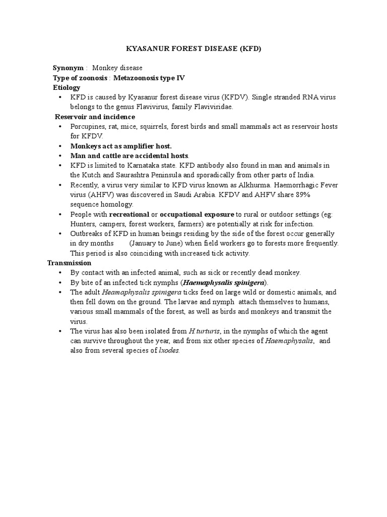 Kyasanur Forest Disease (KFD) Synonym: Monkey Disease Type of Zoonosis ...