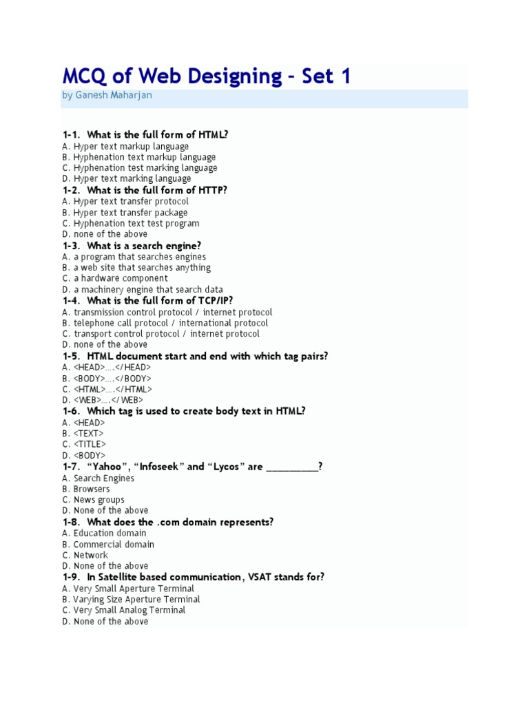 MCQ of Web Designing - Set 1: by Ganesh Maharjan | PDF | Html Element | World Wide Web