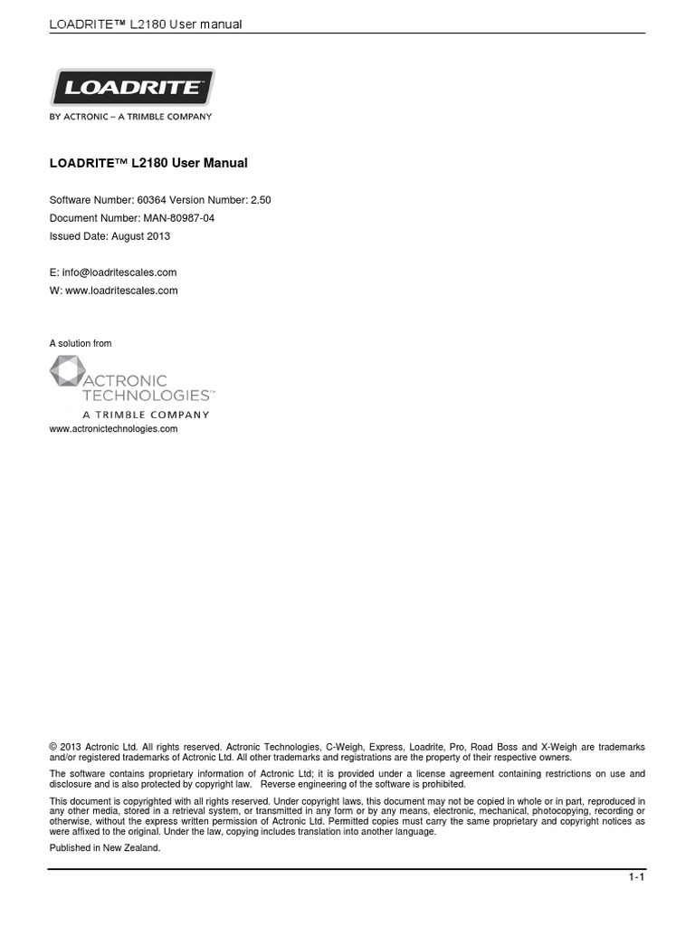 LOADRITE™ L2180 User Manual | PDF | Elevator | Copyright