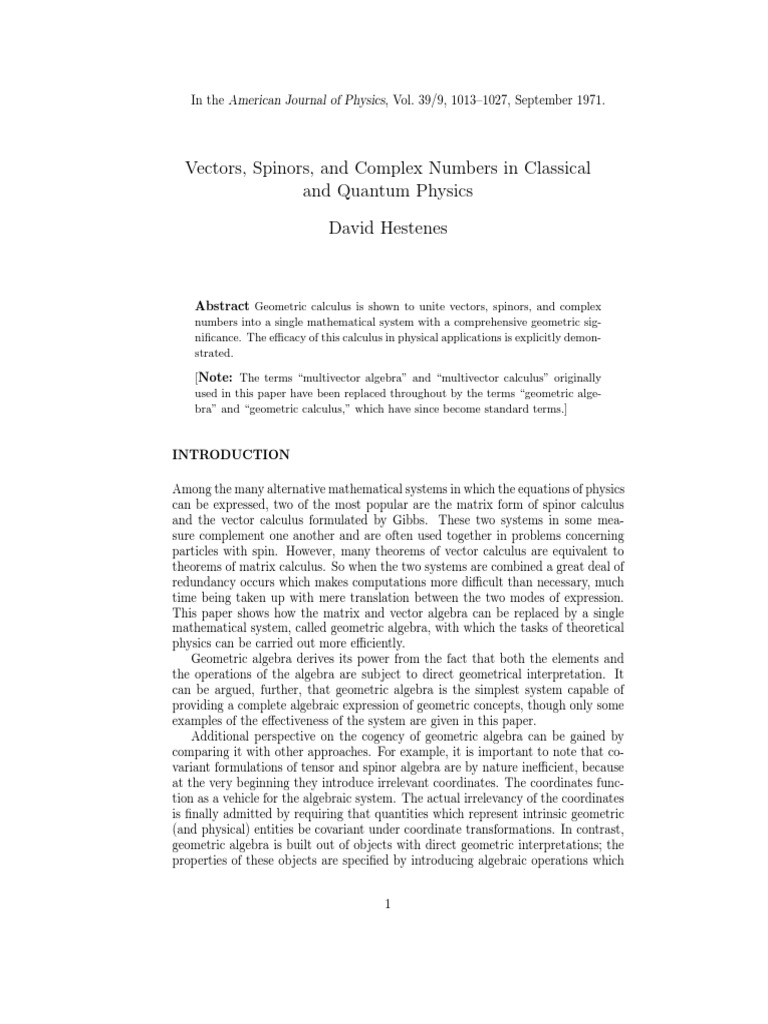 Uniting Vectors, Spinors, and Complex Numbers through Geometric Algebra ...