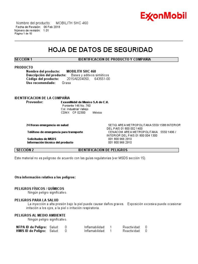 Hoja de Datos de Seguridad: Nombre Del Producto: MOBILITH SHC 460 | PDF ...