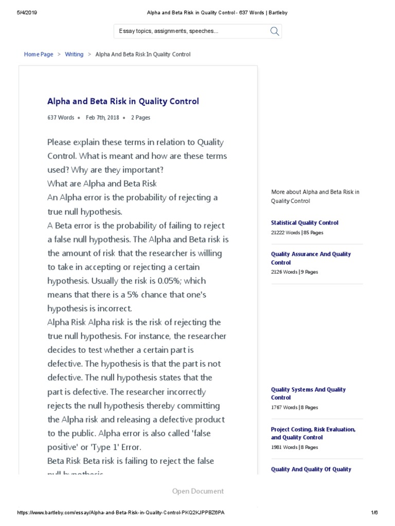 Alpha and Beta Risk in Quality Control - 637 Words - Bartleby | PDF ...