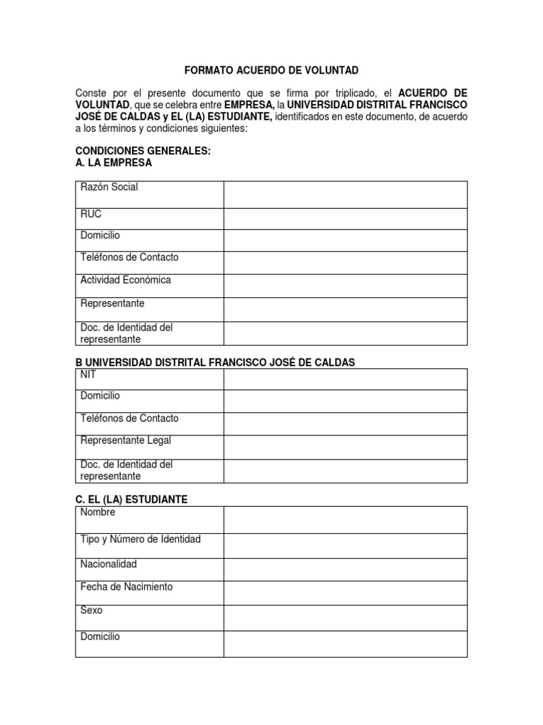 Formato Acuerdo de Voluntad | PDF | Educación avanzada