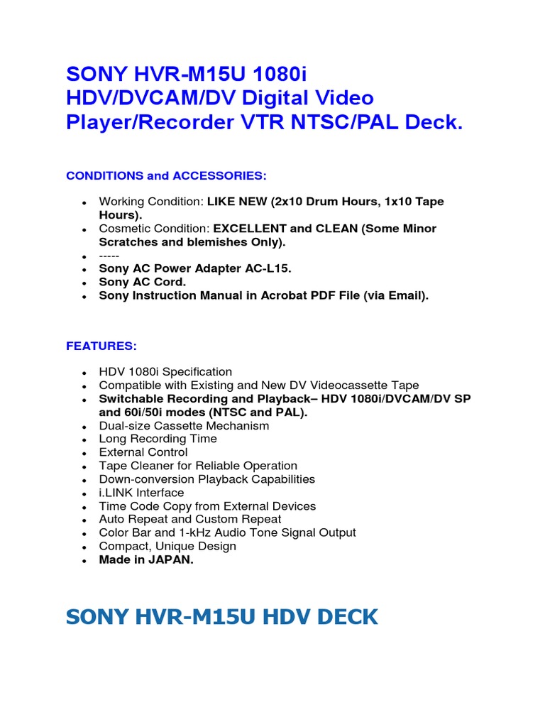SONY HVR-M15U 1080i HDV/DVCAM/DV Digital Video Player/Recorder VTR NTSC ...