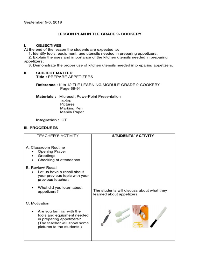 Grade9 TLE Cookery Page69 94 09 5to6 2018 | PDF | Tools | Foods