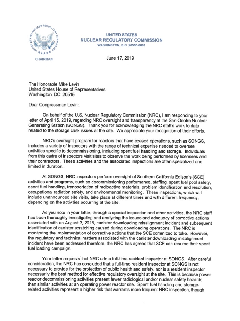 Letter To The Honorable Mike Levin From NRC Chairman Svinicki Re Full ...