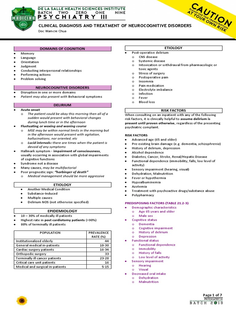 PSYCH 011 Clinical Diagnosis of Neurocognitive Disorder | PDF | Amnesia ...