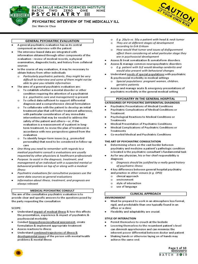 PSYCH 001 Psychiatric Interview of the Medically Ill.pdf | Psychiatry ...