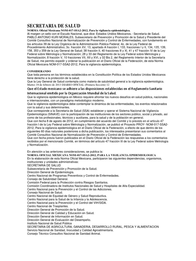 NORMA Oficial Mexicana NOM-017-SSA2-2012, para La Vigilancia ...