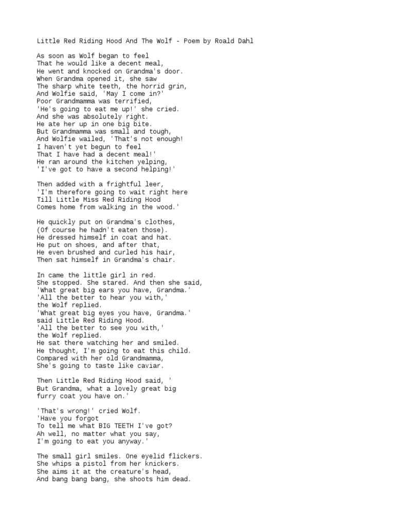 Little Red Riding Hood and The Wolf - Poem by Roald Dahl | PDF