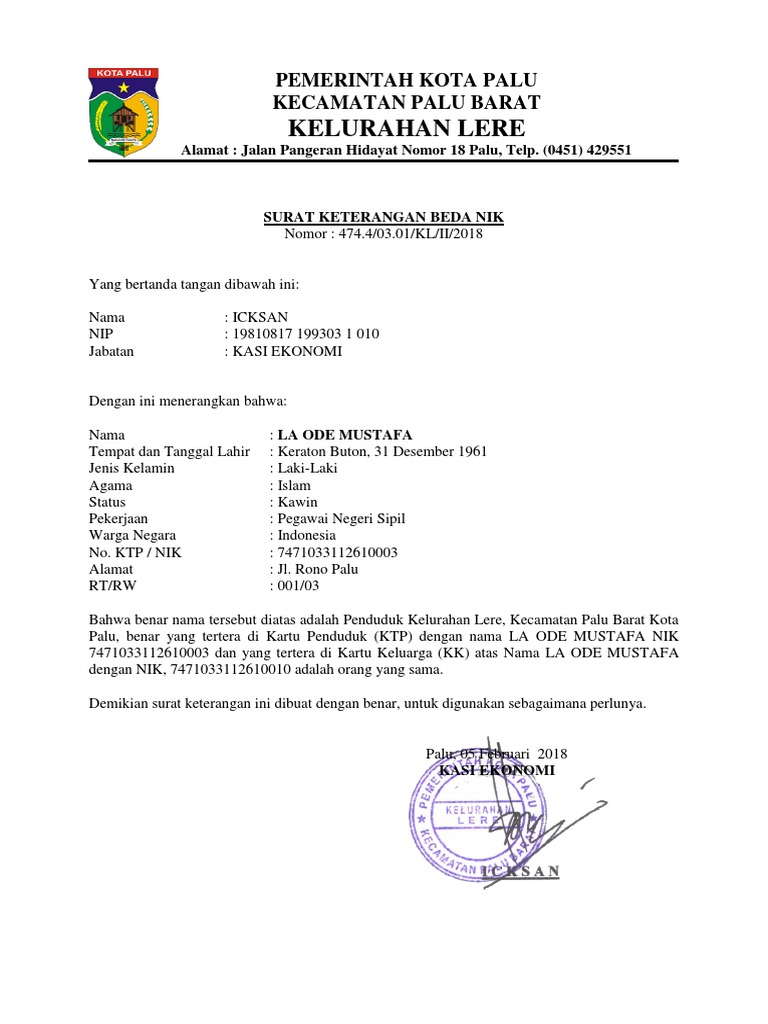 Surat Keterangan Beda Nik Kelurahan Tondo | PDF