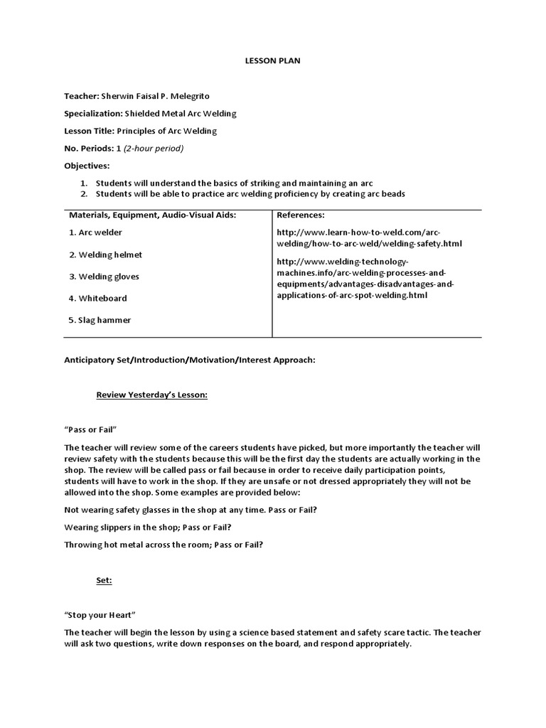 SMAW Arc Welding Lesson Plan | PDF | Welding | Construction