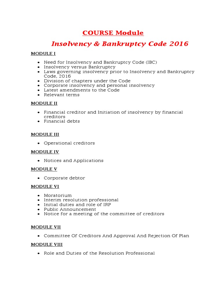 Insolvency & Bankruptcy Code 2016: COURSE Module | PDF