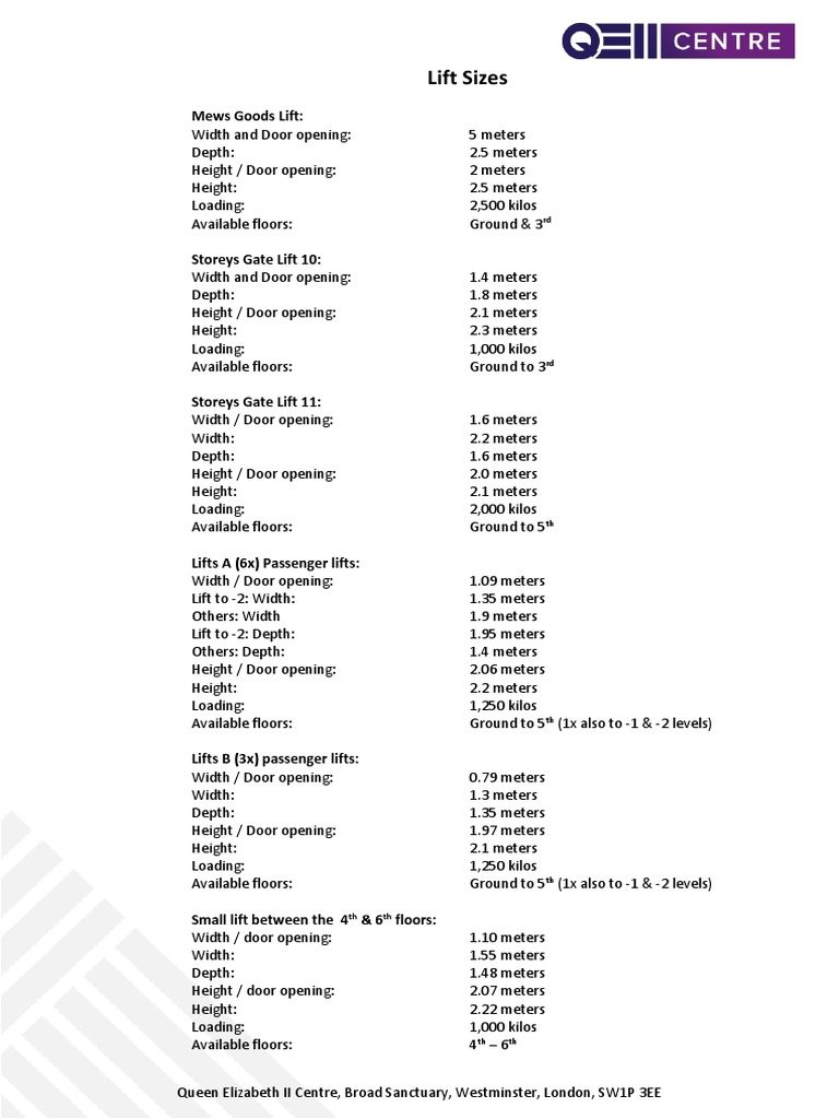 Lift Size Specifications at QEII Centre | PDF | Nature