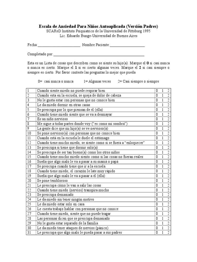 Escala de Ansiedad para Niños Autoaplicada (Versión Padres) | PDF | Temor