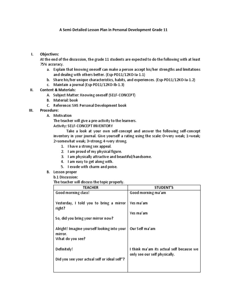 A Semi-Detailed Lesson Plan in Personal Development Grade 11 | PDF ...