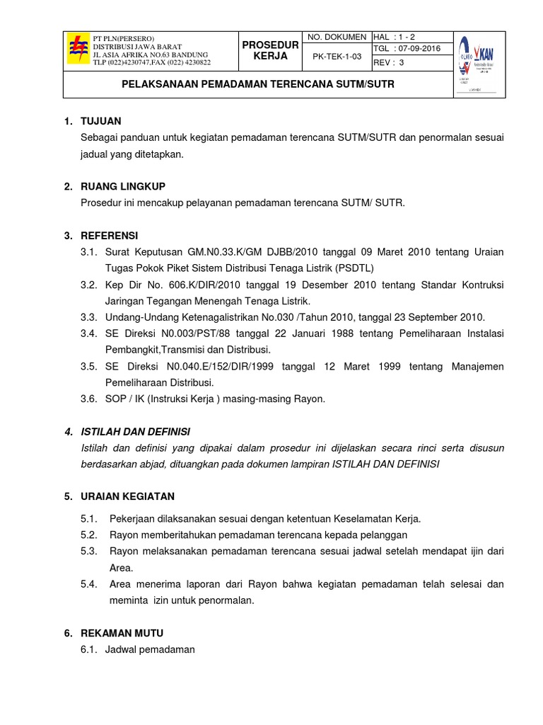 Pk-Tek-1-03 Pelayanan Pemadaman Terencana Sutm-Sutr Ok | PDF