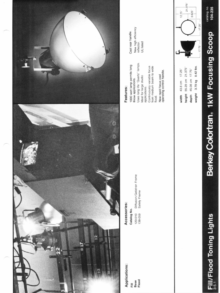Berkey Colortran 1kW Focusing Scoop Spec Sheet 1979 | PDF