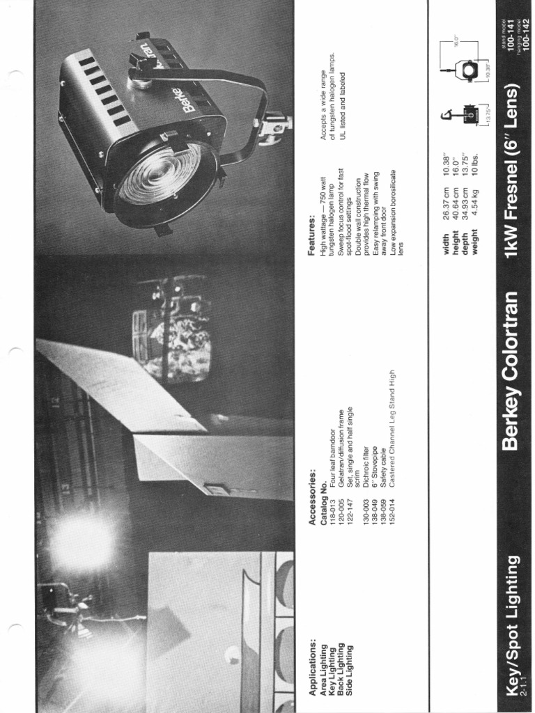Berkey Colortran 1kW Fresnel (6-Inch Lens) Spec Sheet 1980 | PDF