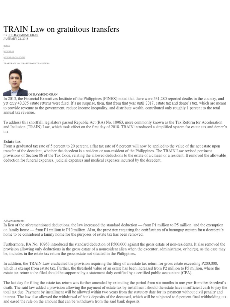 TRAIN Law On Gratuitous Transfers: Joe Raymond Gran JANUARY 22, 2018 ...