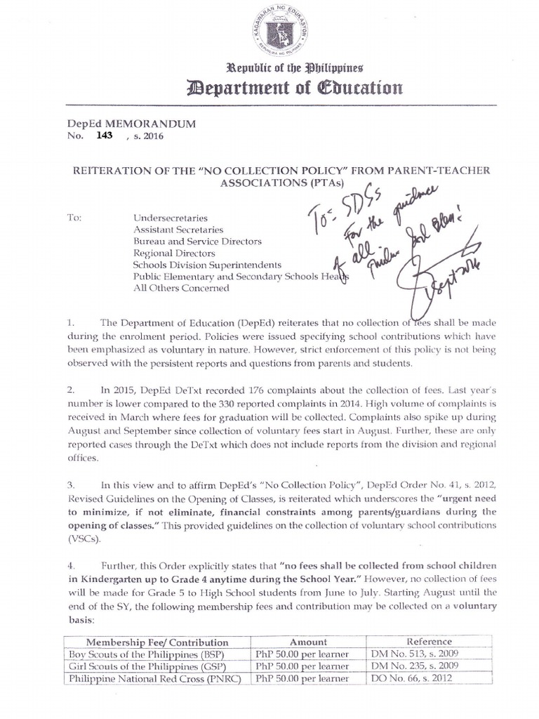 Deped Memorandum No. 143 s.2016 No Collection Policy | PDF