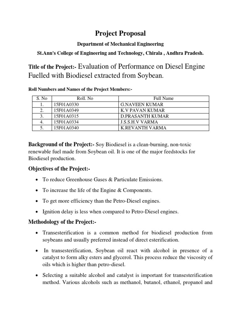 Soybean Biodiesel (Project Proposal) | PDF | Biodiesel | Diesel Fuel