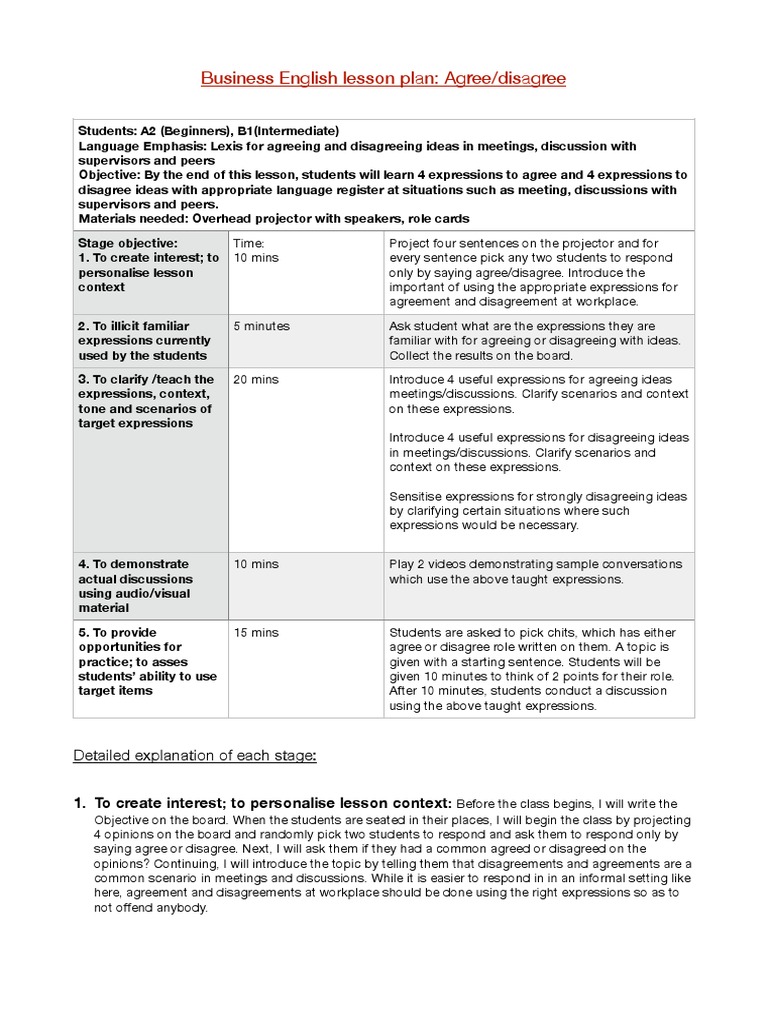 Business English Lesson Plan: Agree/disagree: Detailed Explanation of ...
