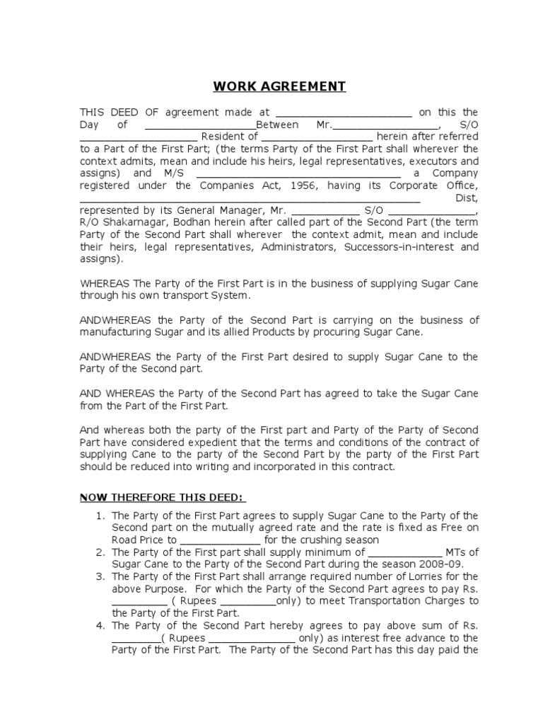 Work Contract Agreement Format in India | Download Free PDF | Rupee ...