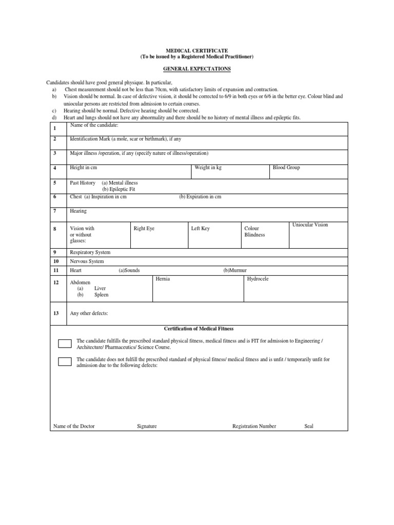 Medical Certificate (To Be Issued by A Registered Medical Practitioner ...