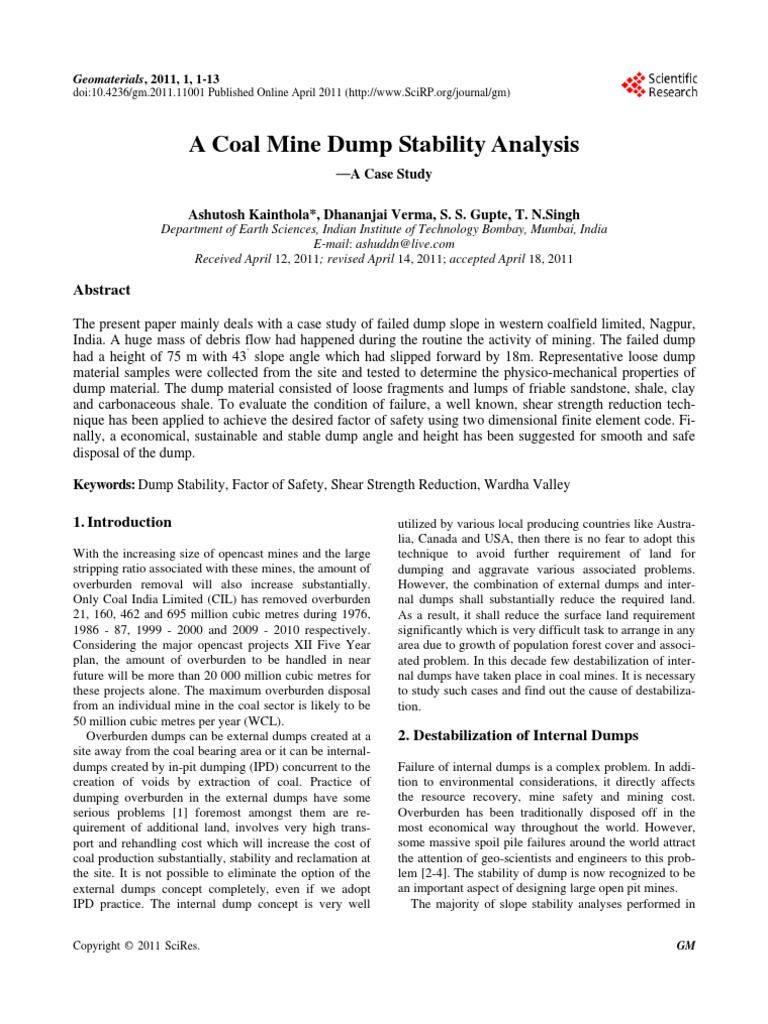 A Coal Mine Dump Stability Analysis PDF | PDF | Strength Of Materials ...
