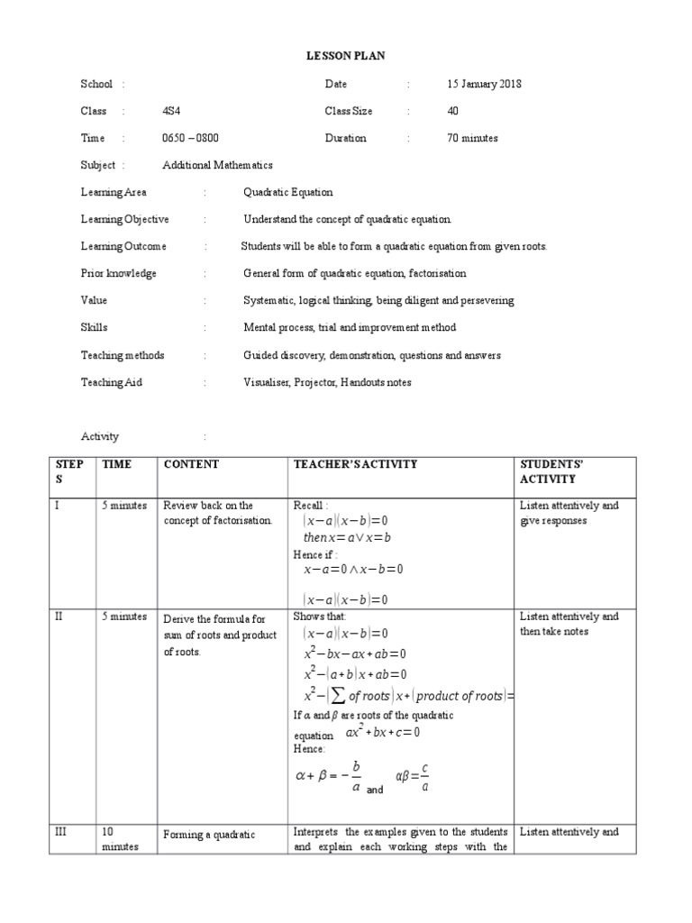 Lesson Plan (Quadratic Equation SOR POR) | PDF | Lesson Plan | Teaching ...