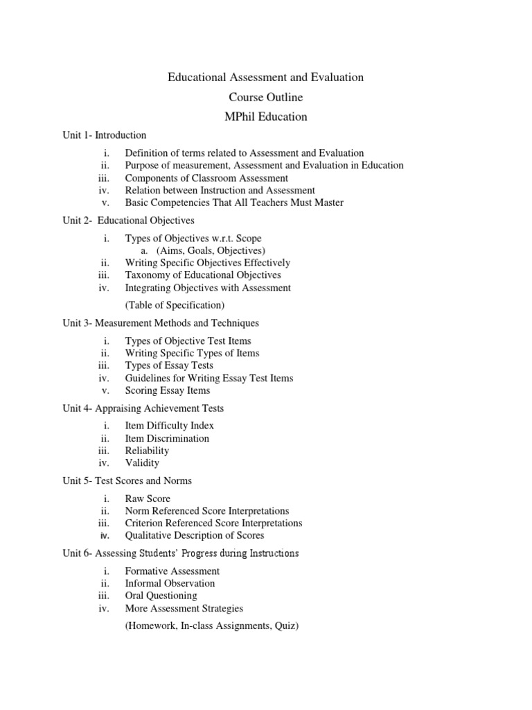 Assessment and Evaluation OUTLINE | PDF | Educational Assessment | Test ...