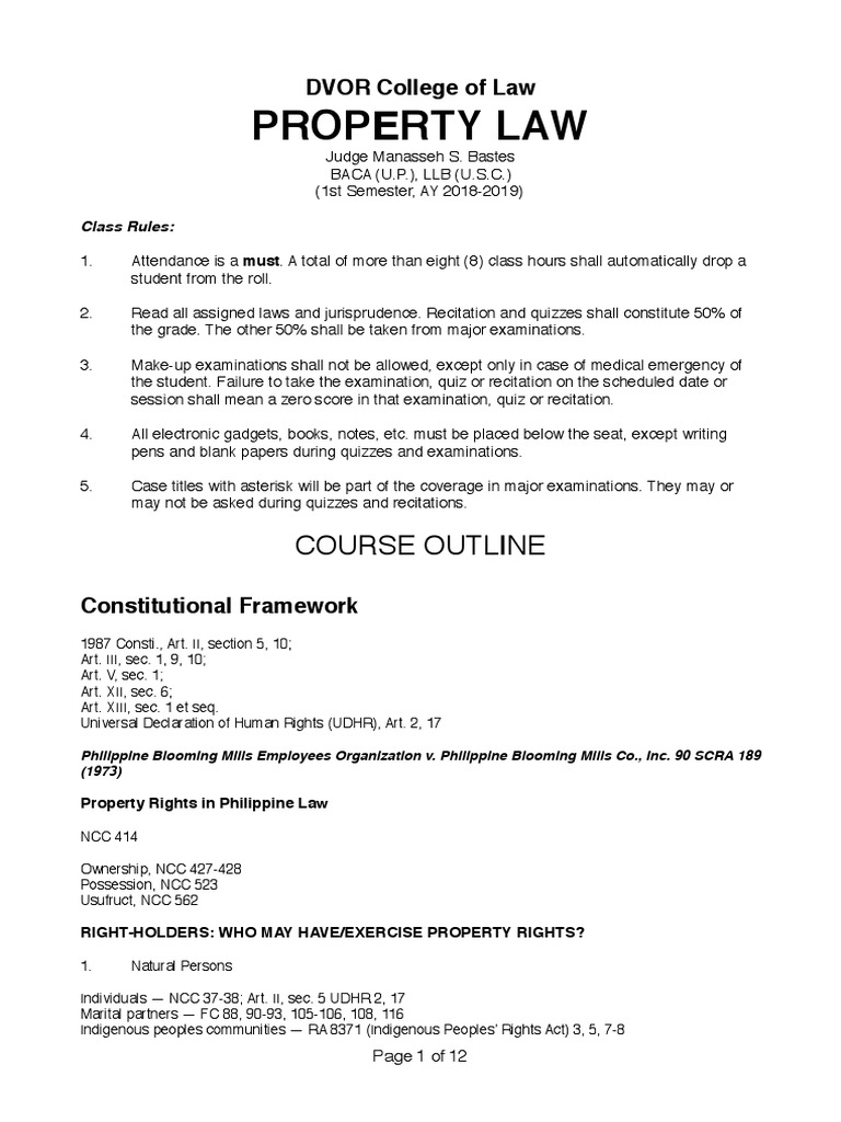 Property Law: Course Outline | PDF | Lease | Law And Economics