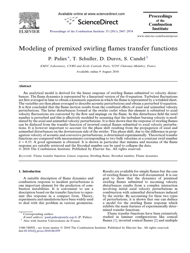Modeling of Premixed Swirling Ames Transfer Functions: P. Palies, T. Schuller, D. Durox, S ...