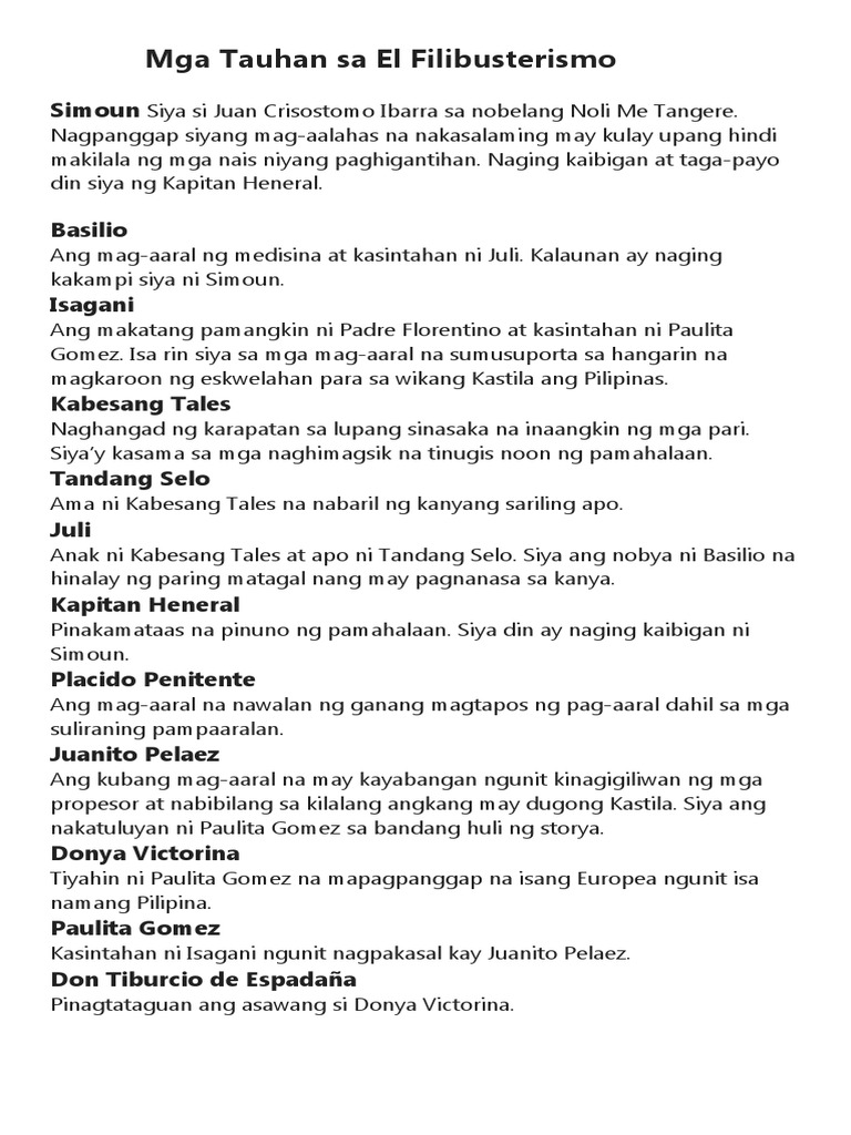 Mga Tauhan Sa El Filibusterismo | PDF