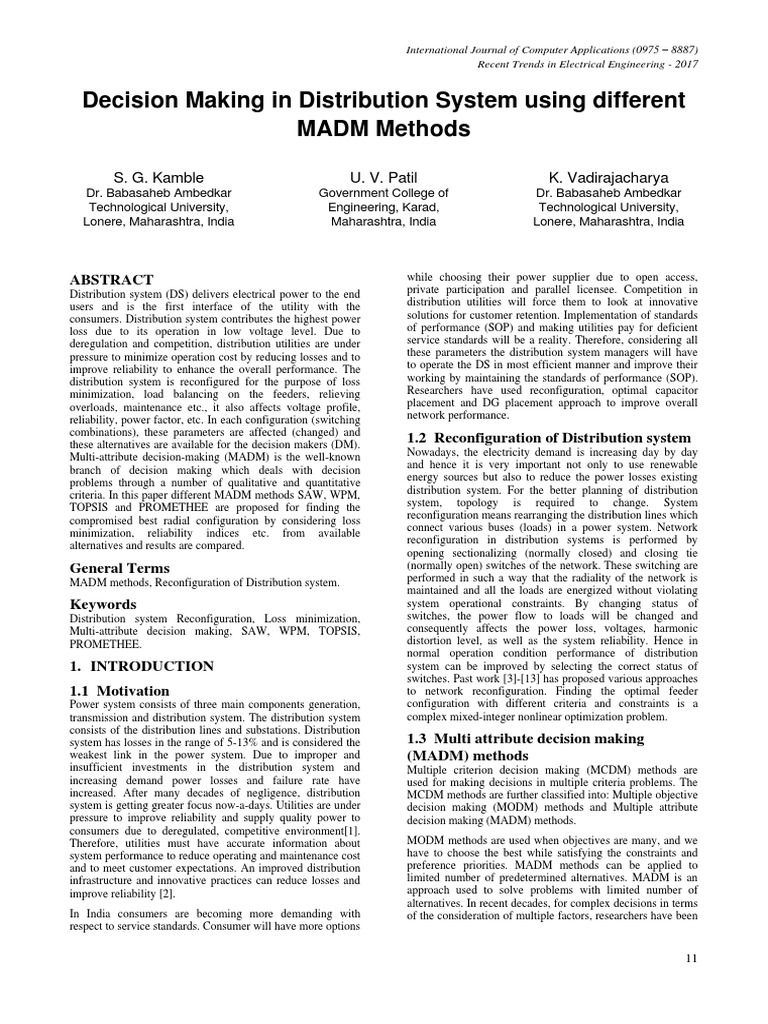 Decision Making in Distribution System Using Different MADM Methods ...