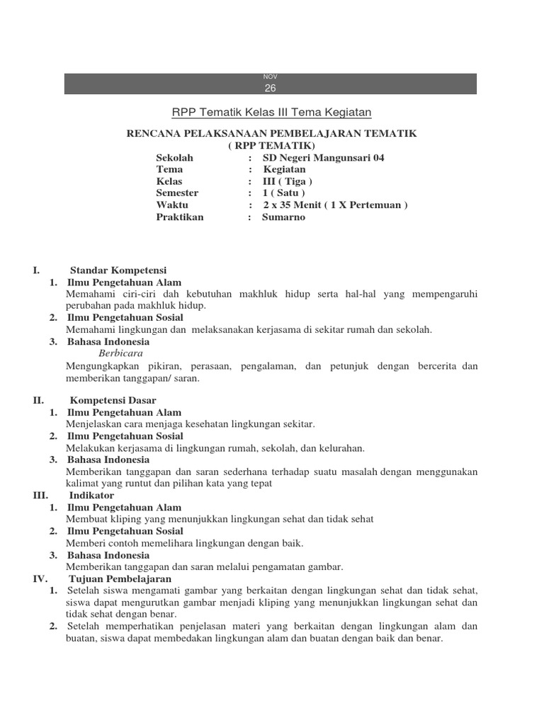RPP Tematik Kelas 3 Tema Kegiatan | PDF | Karier & Perkembangan