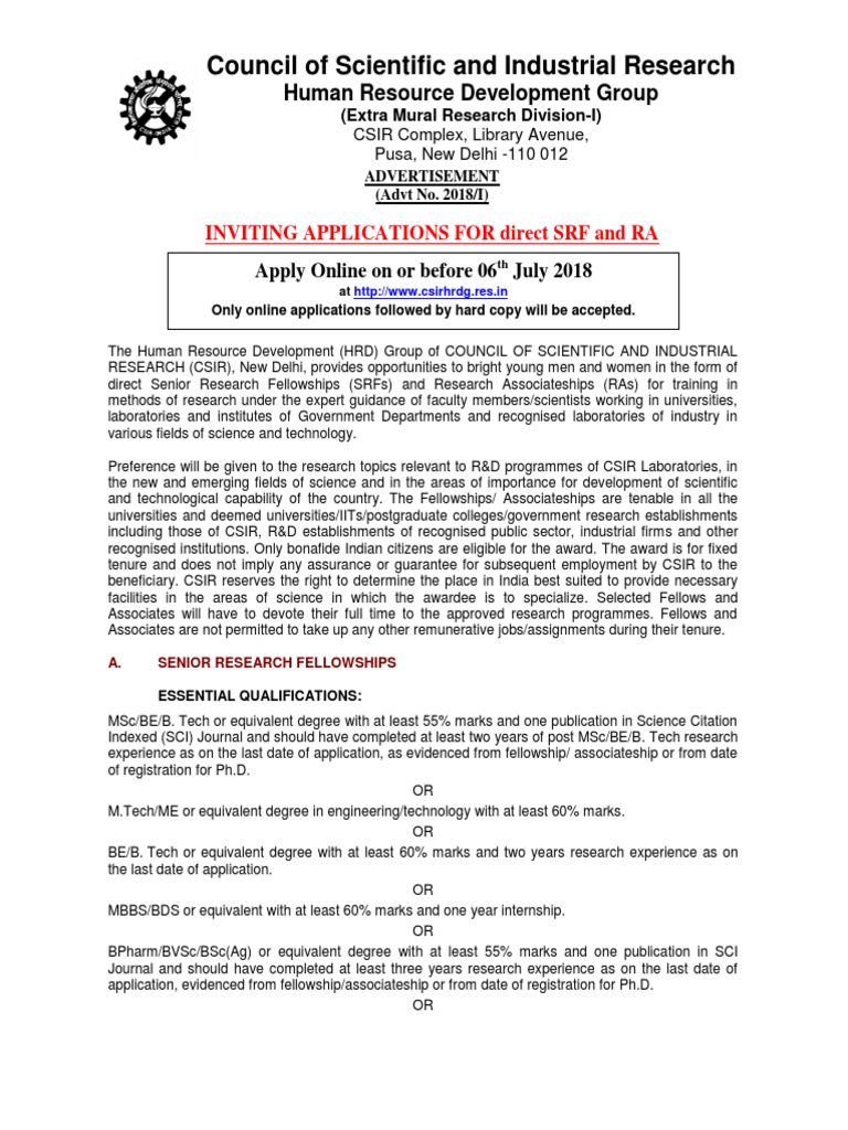 Csir SRF Notification | PDF | Doctor Of Philosophy | Doctor Of Medicine