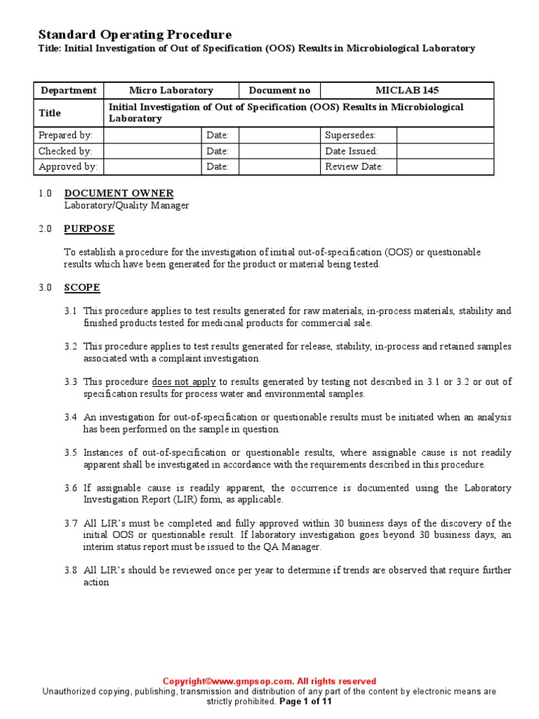 MICLAB 150 Initial Investigation of Out of Specification (OOS) Results ...