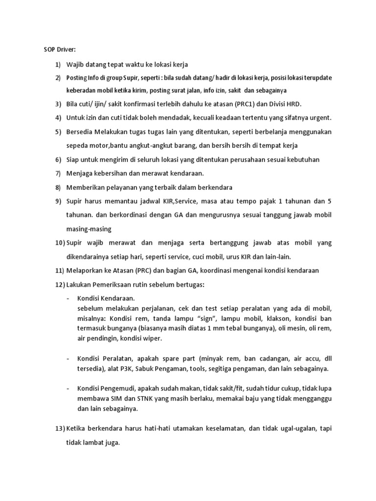 SOP Driver | PDF | Bisnis