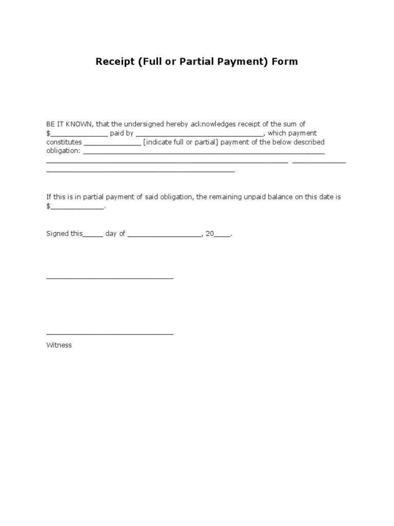 Receipt Full or Partial Payment Form | PDF