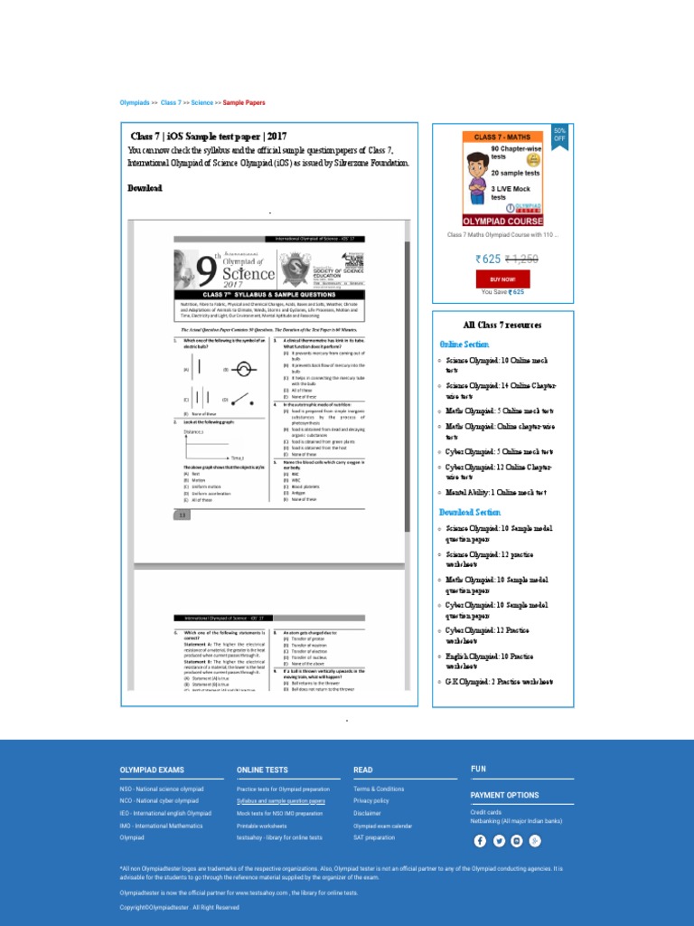 Class 7 - International Olympiad of Science (IOS) - Sample Model ...