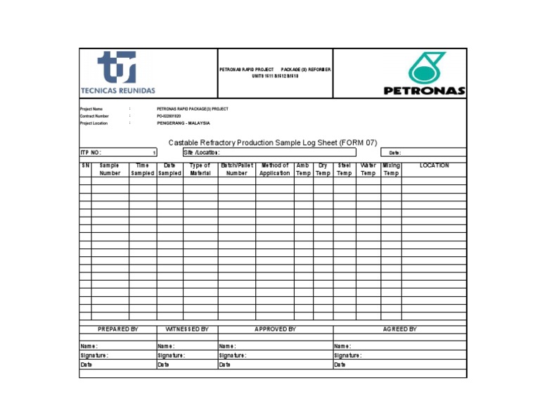 Castable Refractory Production Sample Log Sheet (FORM 07) | PDF