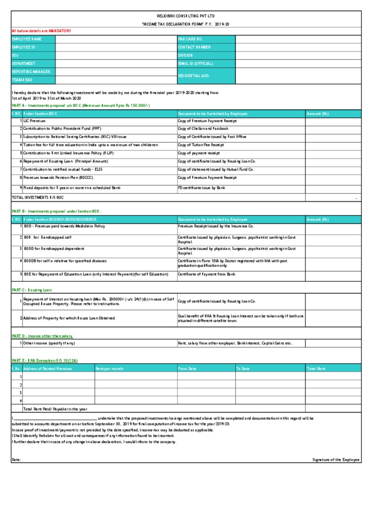 IT Declaration Form 2019-20 | PDF | Loans | Financial Services