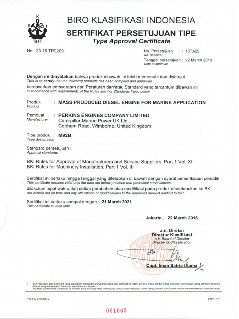 BKI Certificate Engine - PERKINS 2016 | PDF