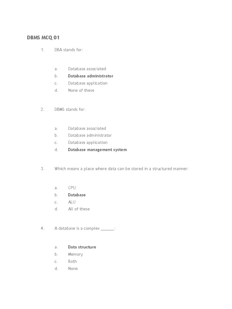 Database Management System (DBMS) Multiple Choice Questions | PDF | Relational Database | Databases