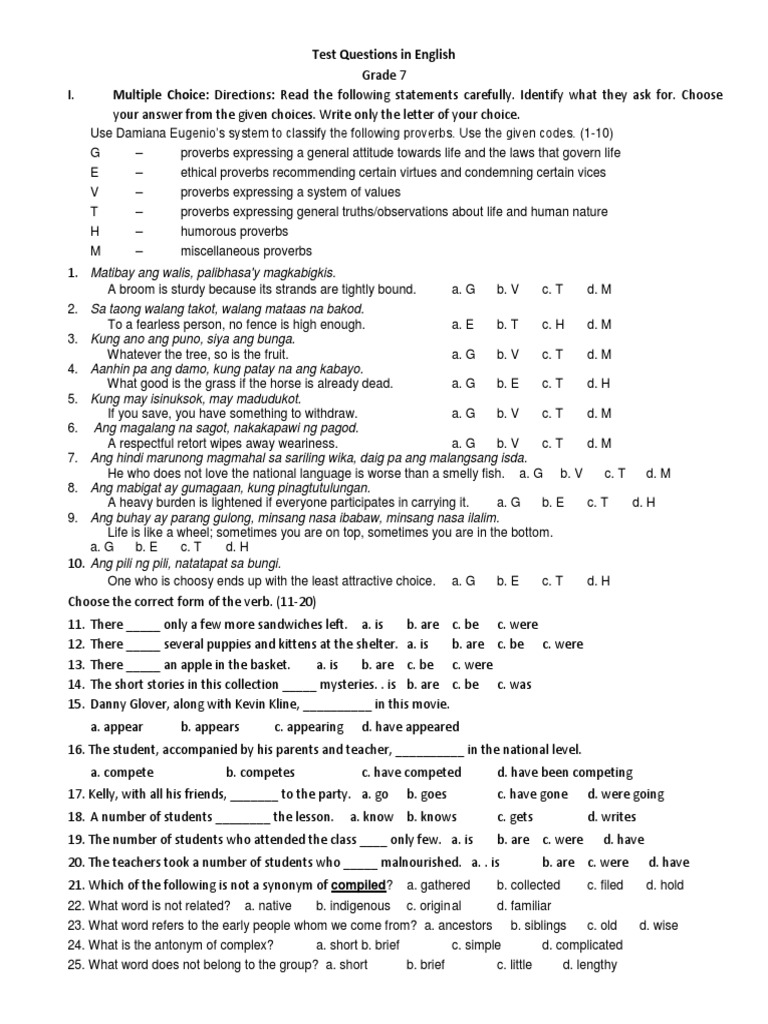 Test Questions For Grade7 English | PDF | Proverb